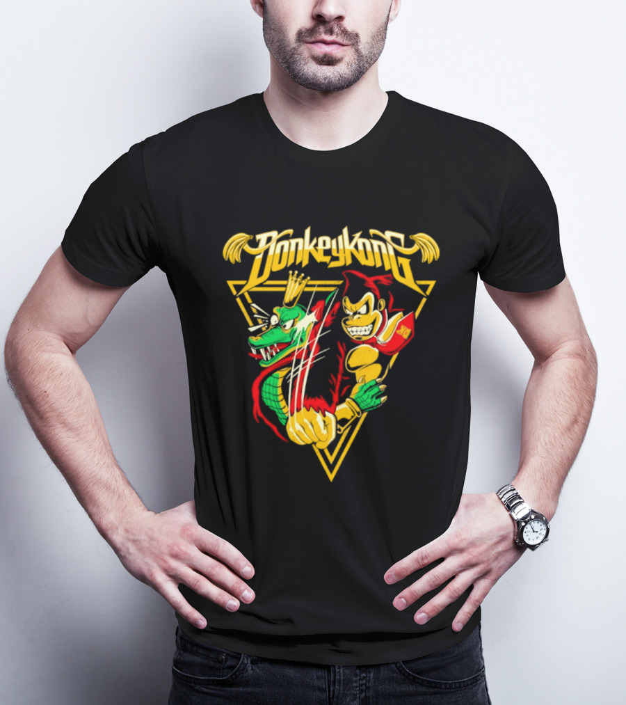 Donkey Kong Cartoon Retro Style Triangular Battle Scene T-Shirt