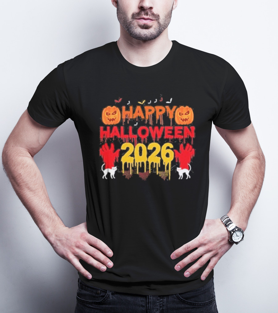 Happy Halloween 2026 Spooky Pumpkin Ghosts And Cats T-Shirt
