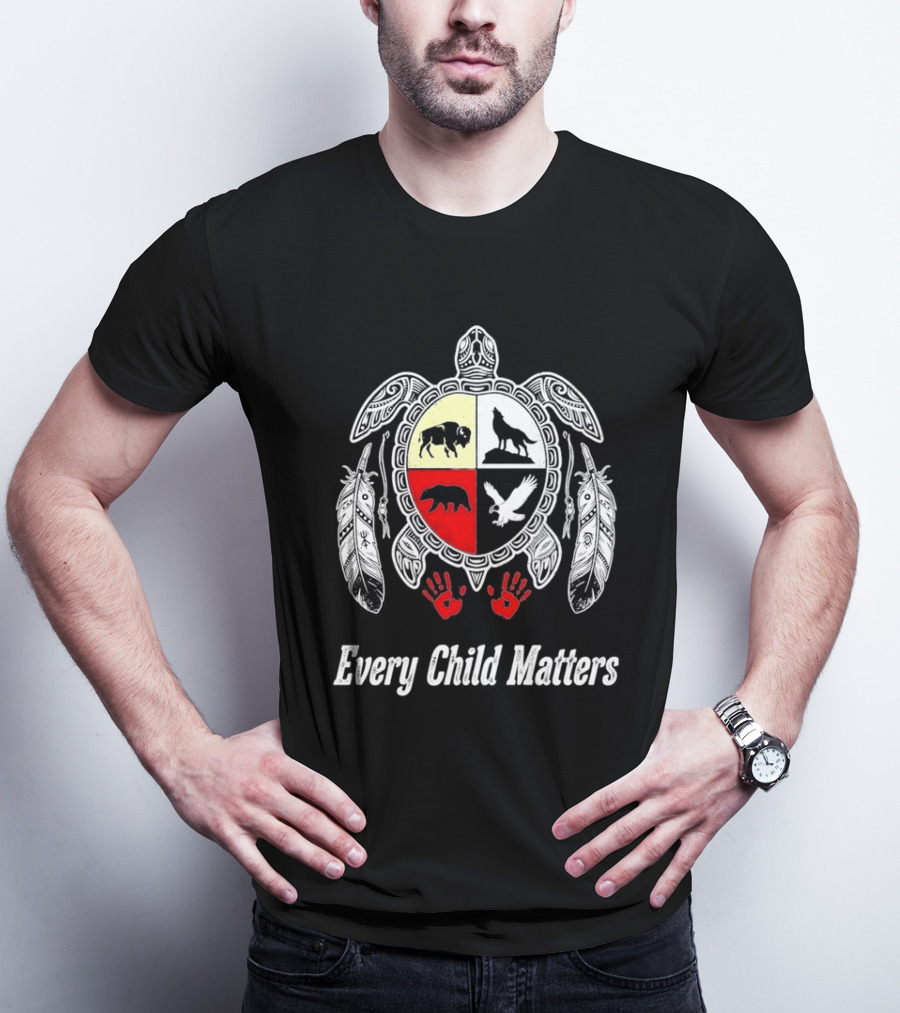 Every Child Matters Native American Turtle Medicine Wheel Feathers And Red Handprints T-Shirt