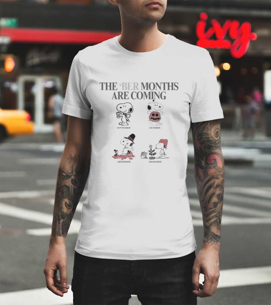 Snoopy Woodstock Beloved Seasons Embrace Ber Months Arrival Celebration T-Shirt