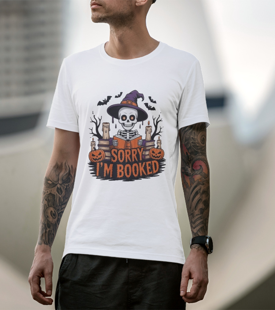 Sorry I'm Booked Skeleton Witch Halloween Reading Pumpkins Spooky Books T-Shirt