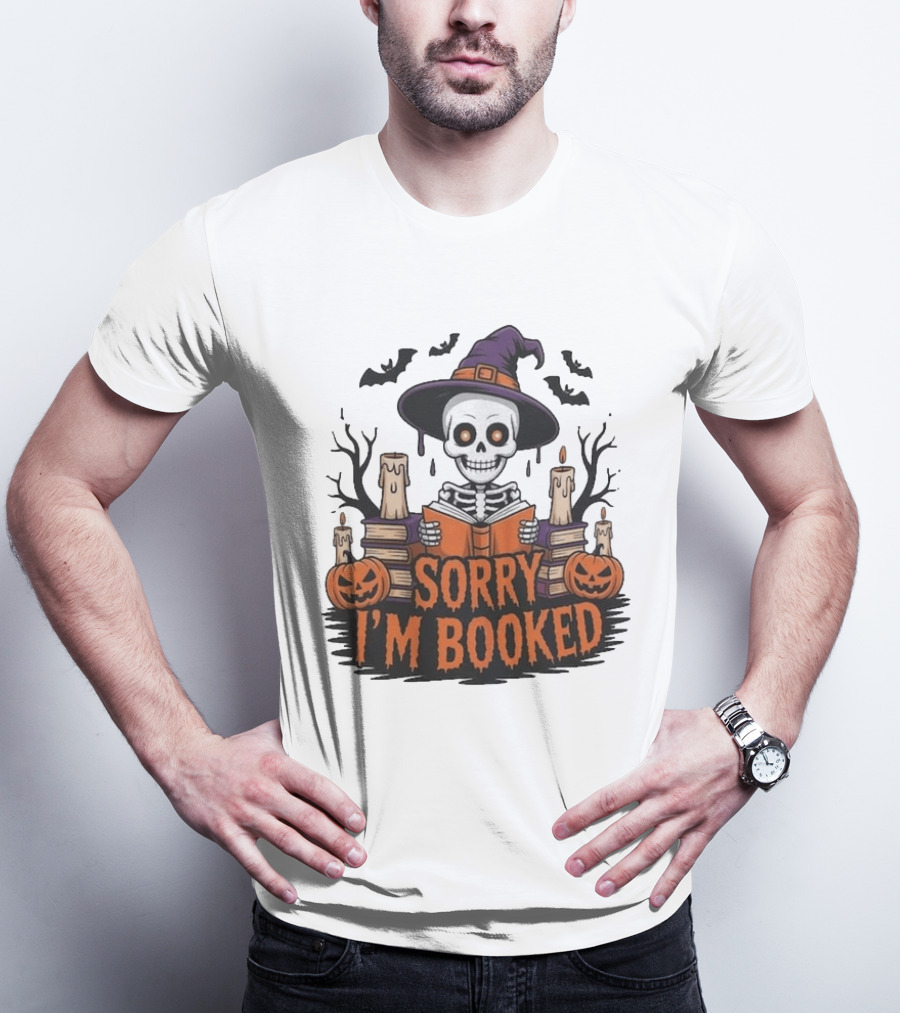 Sorry I'm Booked Skeleton Witch Halloween Reading Pumpkins Spooky Books T-Shirt