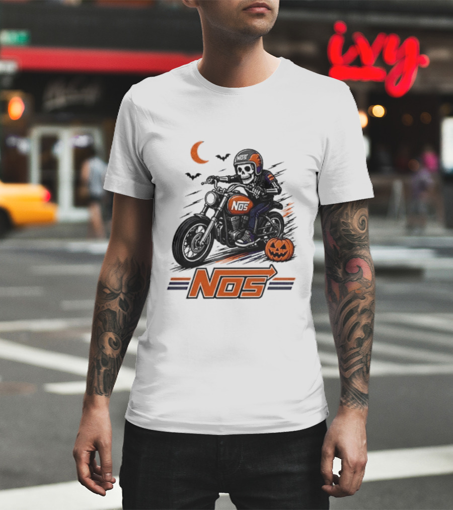 NOS Skeleton Biker Halloween Pumpkin Moon Bats T-Shirt