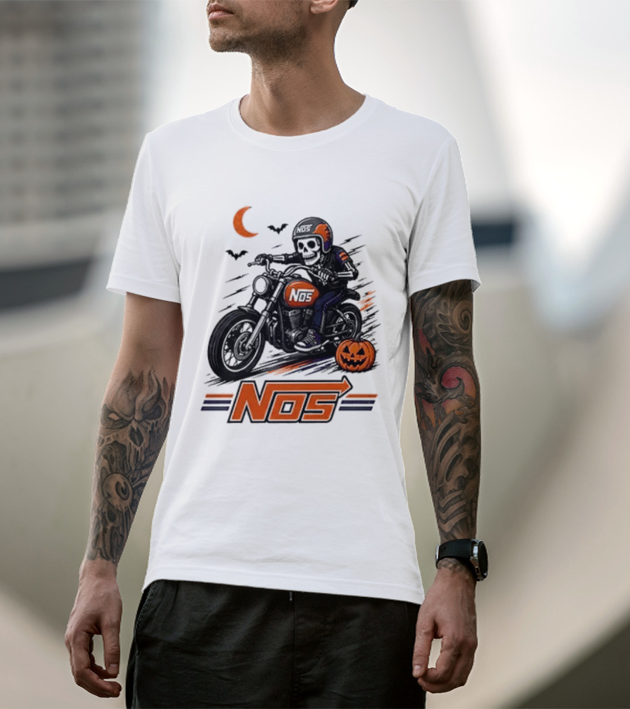 NOS Skeleton Biker Halloween Pumpkin Moon Bats T-Shirt