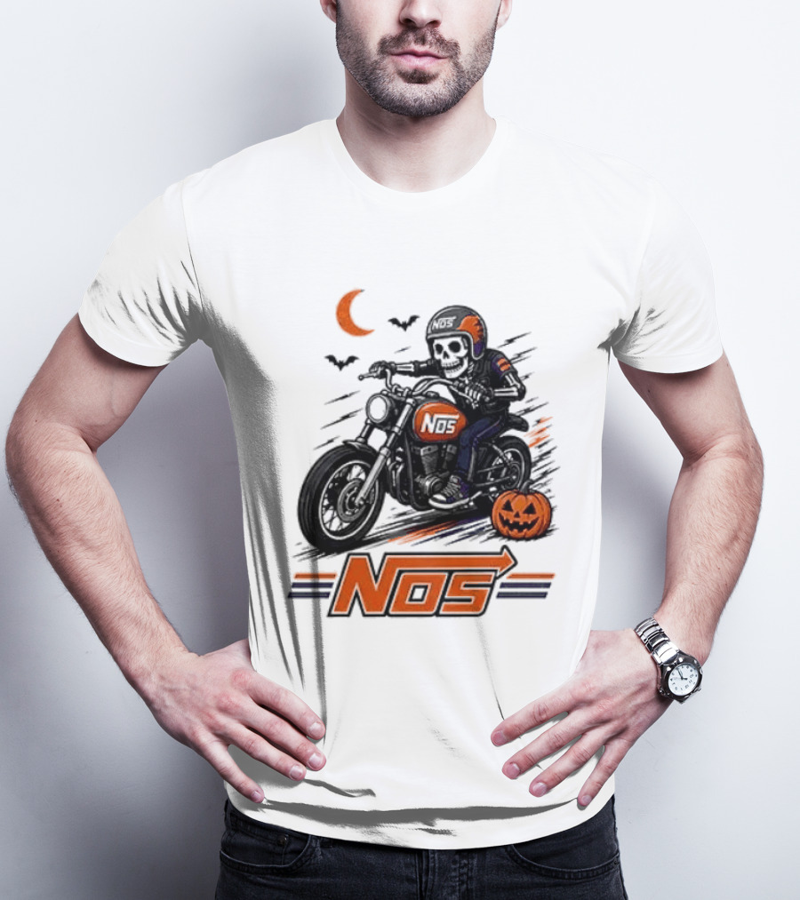 NOS Skeleton Biker Halloween Pumpkin Moon Bats T-Shirt