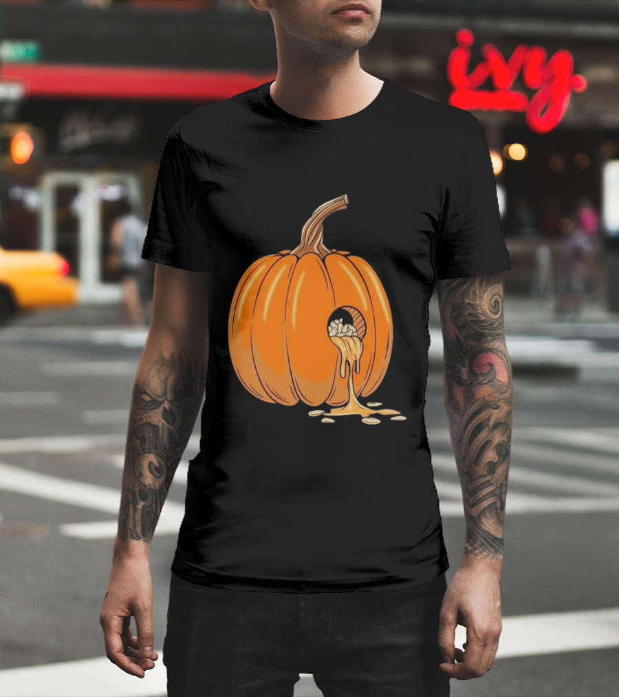 Gourdy Hole Halloween Pumpkin With Seeds Streaming Out T-Shirt