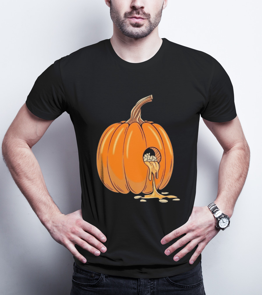 Gourdy Hole Halloween Pumpkin With Seeds Streaming Out T-Shirt