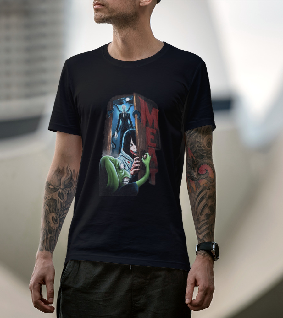 Meatcanyon Store Knock Knock Creepy Distressed Characters Horror Scene T-Shirt