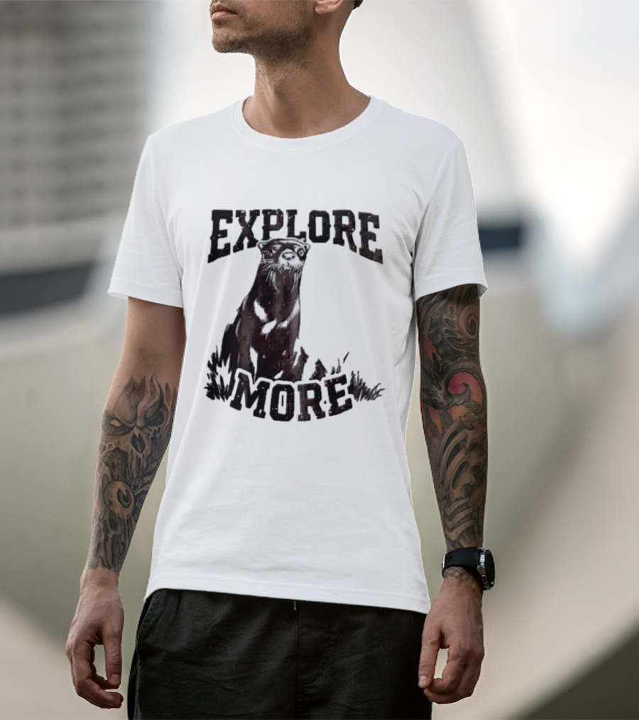 Explore More River Otter Tall Grass Distressed Woodcut Black White T-Shirt