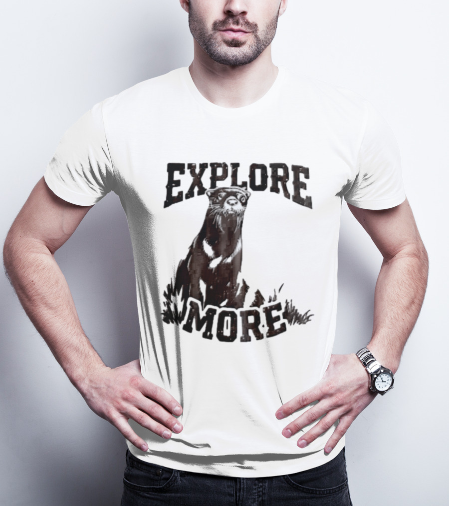 Explore More River Otter Tall Grass Distressed Woodcut Black White T-Shirt
