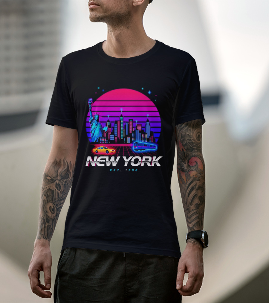 New York Est 1786 Cityscape Synthwave Statue Of Liberty Neon Skyline Retro Car T-Shirt