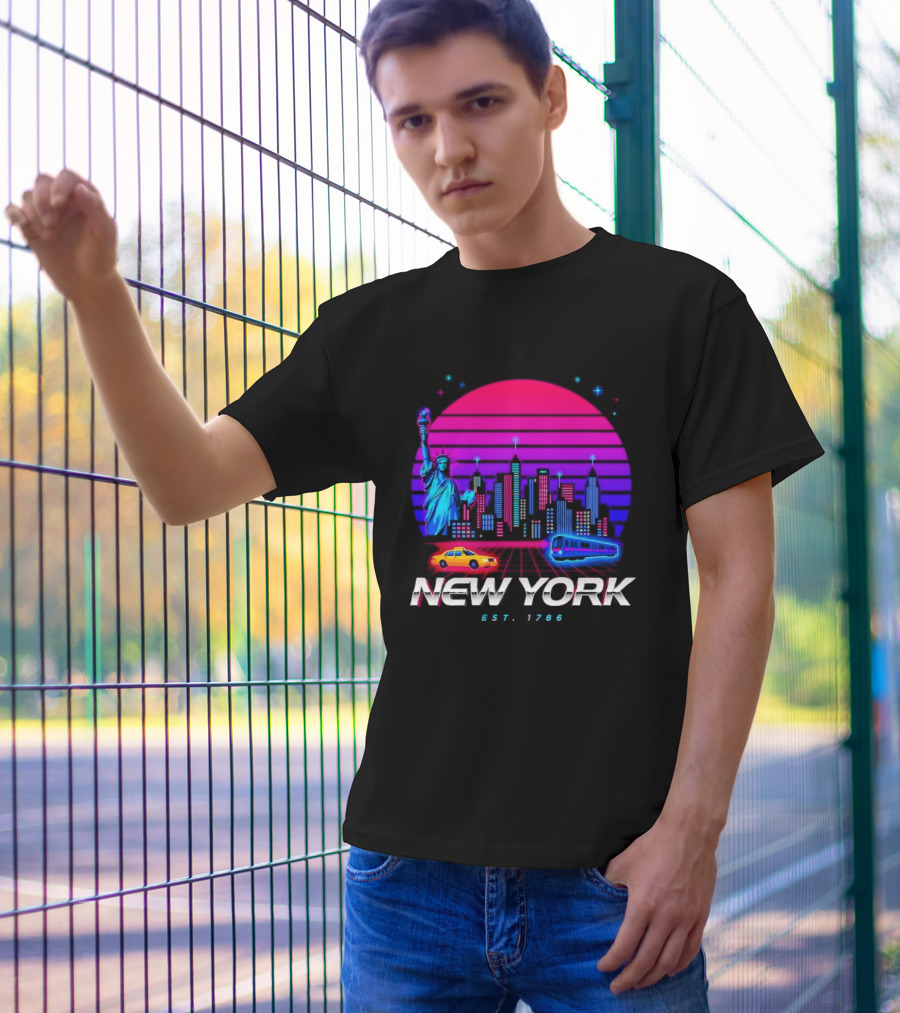 New York Est 1786 Cityscape Synthwave Statue Of Liberty Neon Skyline Retro Car T-Shirt