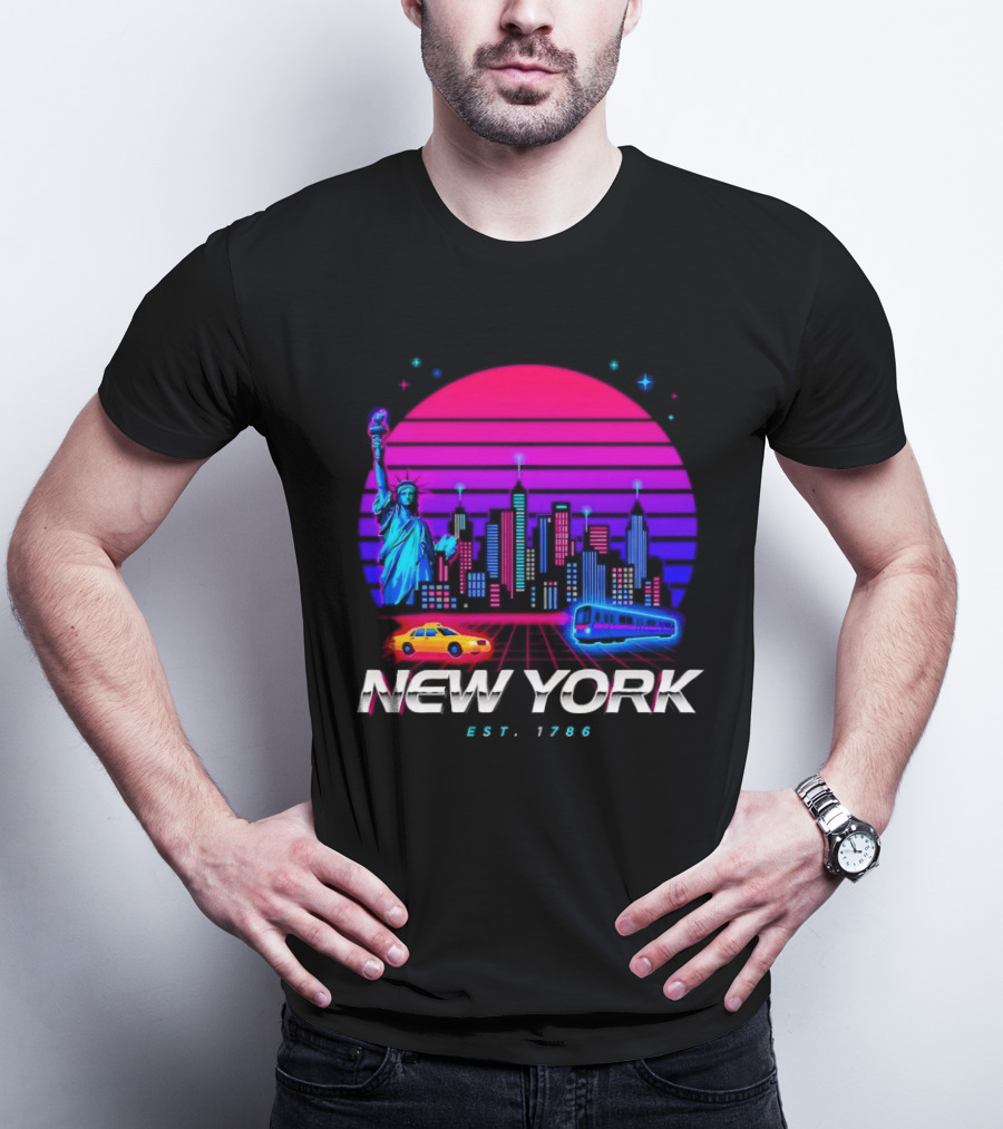 New York Est 1786 Cityscape Synthwave Statue Of Liberty Neon Skyline Retro Car T-Shirt