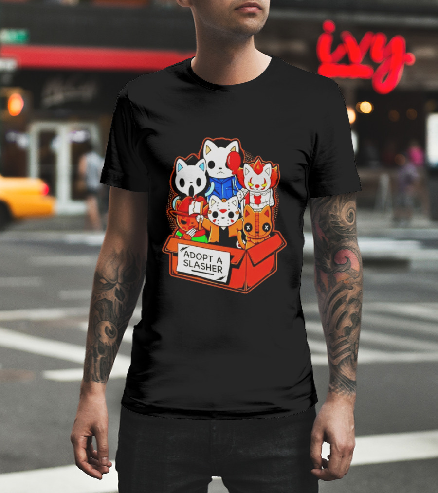 Adopt A Slasher Horror Movie Cat Characters Box Featuring Iconic Halloween Villains T-Shirt