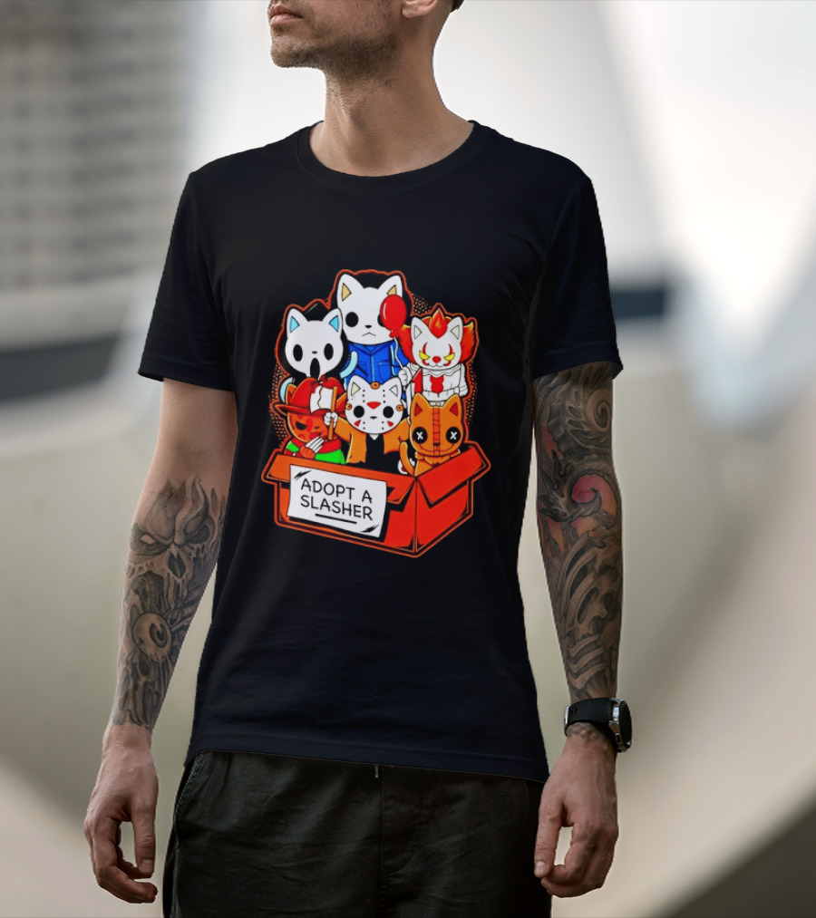 Adopt A Slasher Horror Movie Cat Characters Box Featuring Iconic Halloween Villains T-Shirt
