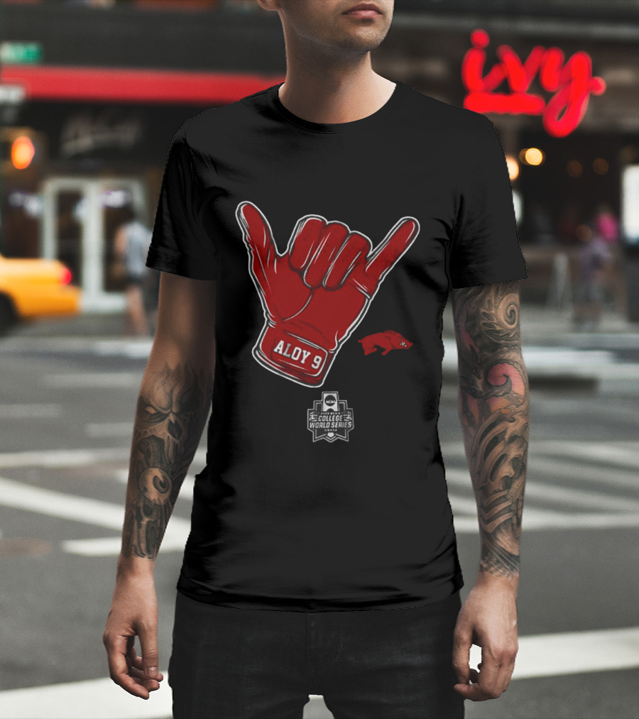 Arkansas Razorbacks Aloy 9 NCAA College World Series Shaka Gesture T-Shirt
