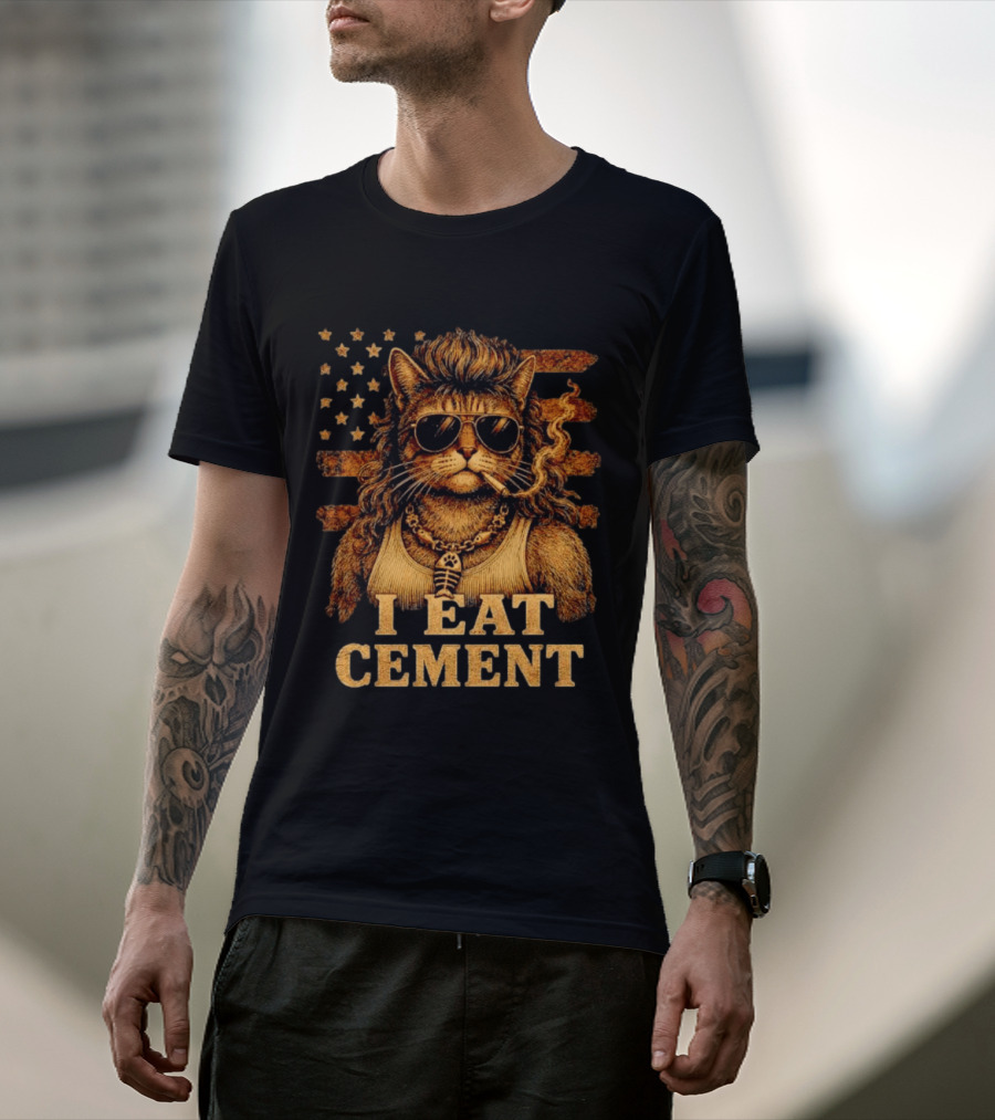 I Eat Cement Mullet Cat With Sunglasses And American Flag T-Shirt