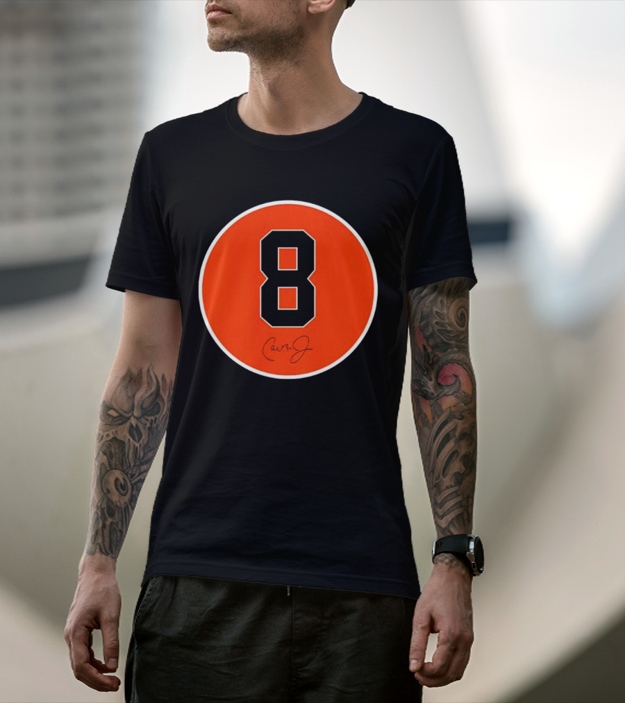 Cal Ripken Jr Number 8 Baltimore Orioles Team Circle Orange T-Shirt