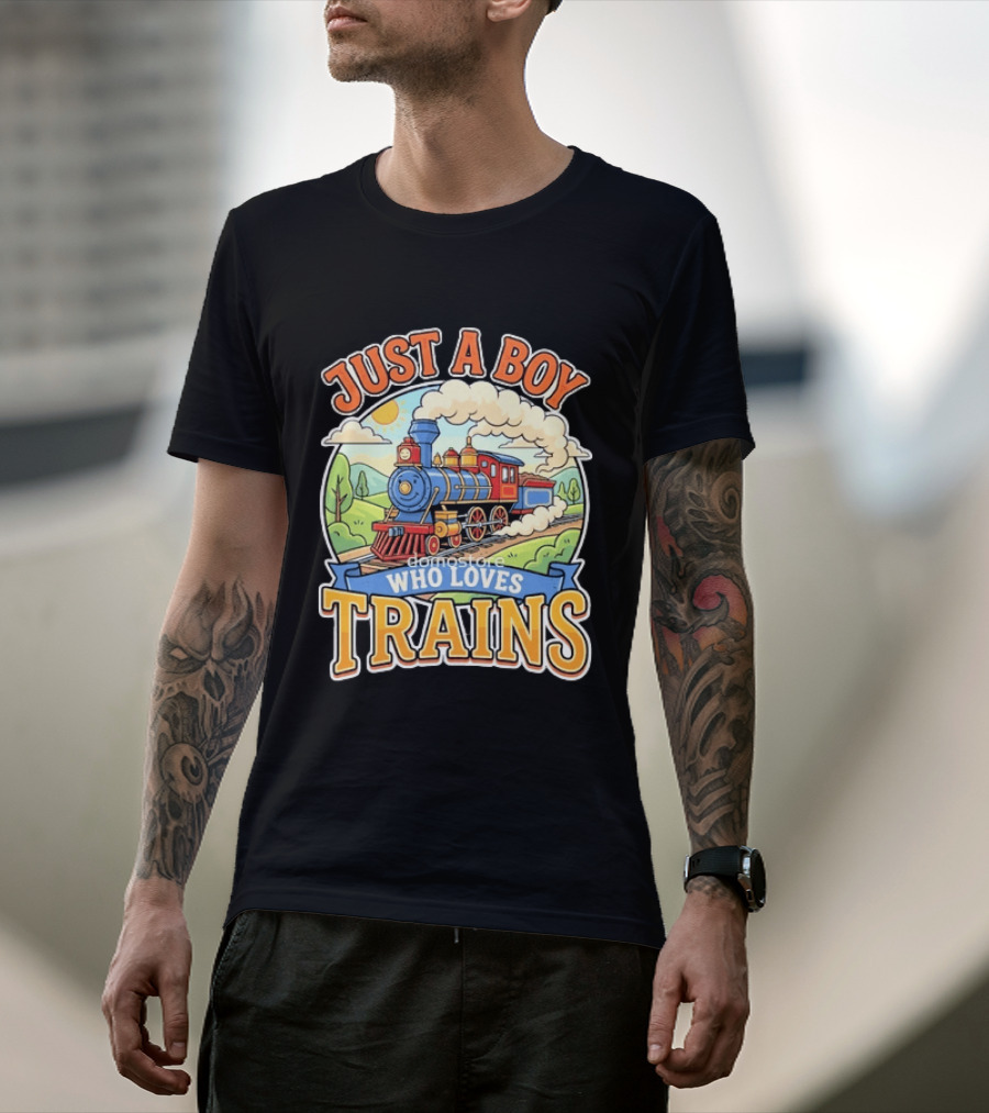Just A Boy Who Loves Trains Colorful Locomotive Adventure T-Shirt