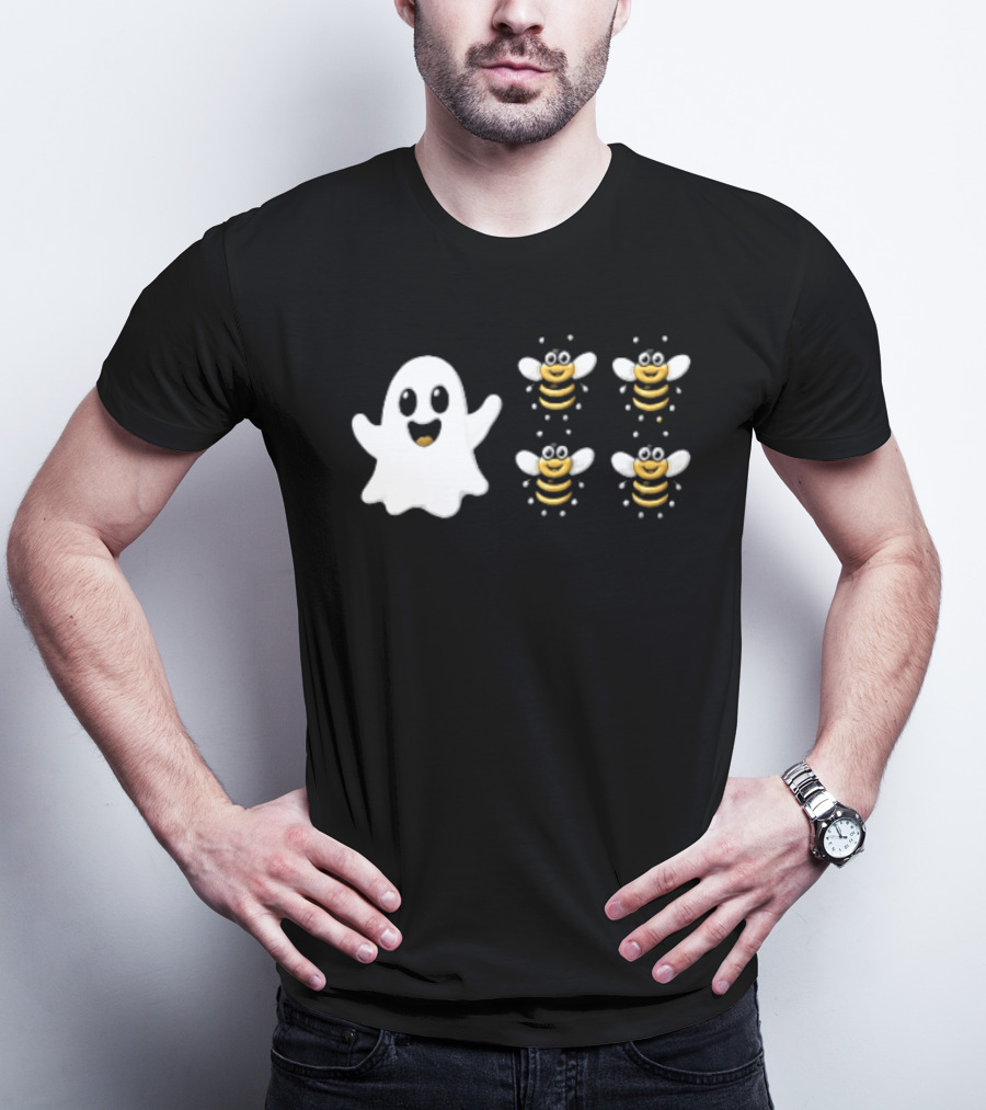 Cartoon White Ghost And Waving Four Bumblebees Cute T-Shirt