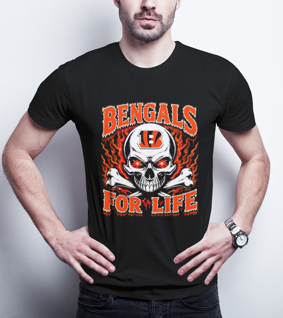 Bengals For Life Skull And Crossbones Fiery T-Shirt