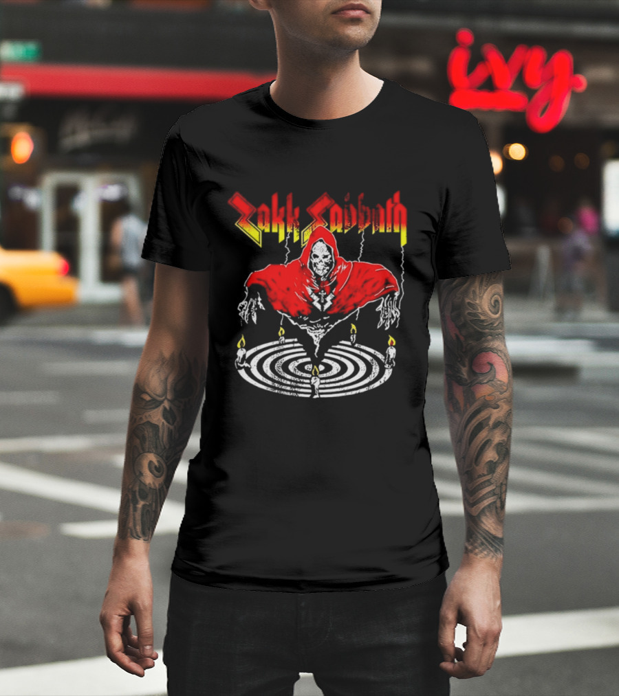 Zakk Sabbath Distressed Heavy Metal Red Ripped Robe Candles T-Shirt