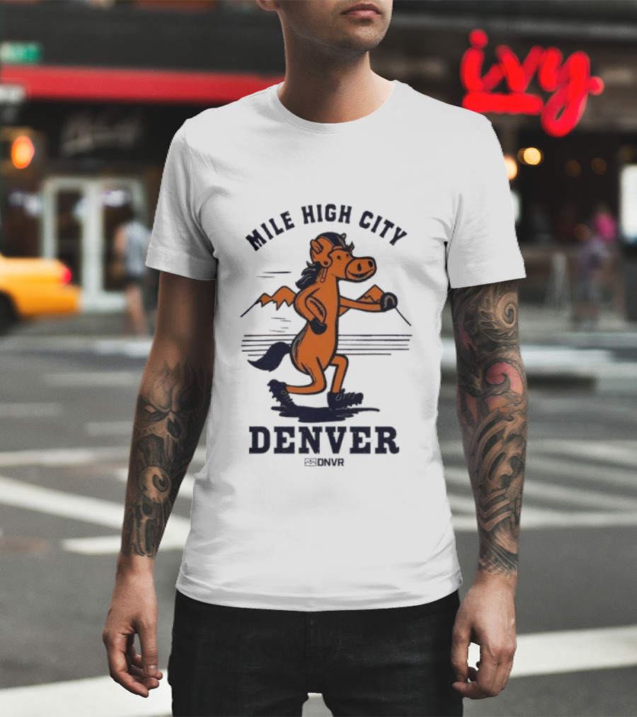 Mile High City Denver Broncos DNVR Retro Horse Running Football T-Shirt