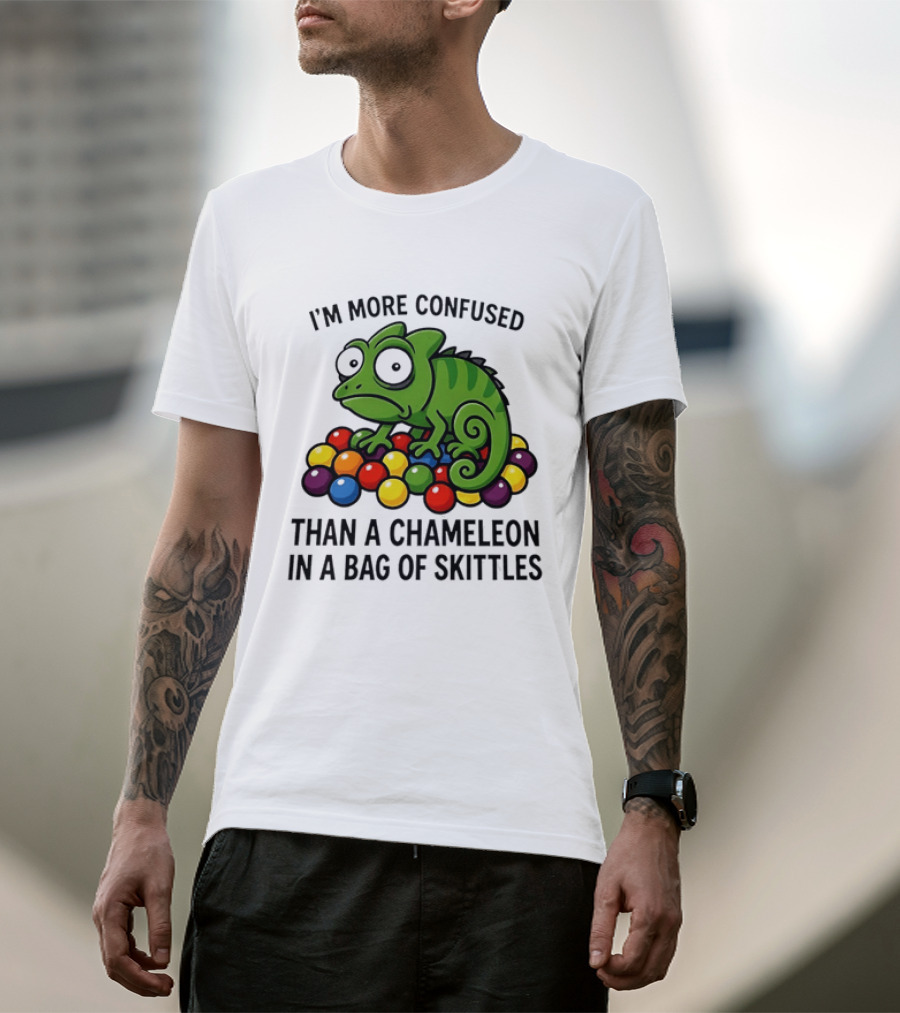 I'm More Confused Than A Chameleon In A Bag Of Skittles Colorful Chameleon And Candy Humor T-Shirt