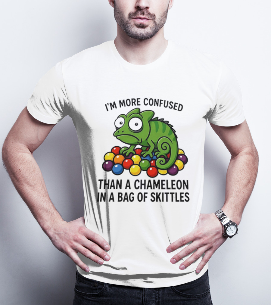 I'm More Confused Than A Chameleon In A Bag Of Skittles Colorful Chameleon And Candy Humor T-Shirt