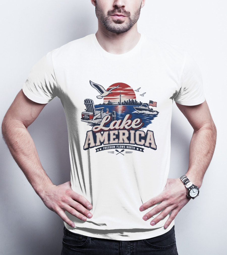 Lake America Freedom Flows North Sun Boats Good Times Seagulls Adirondack Chair Skyline And Flag T-Shirt