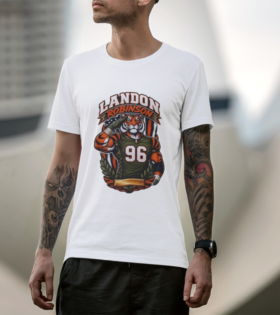 Landon Robinson 96 Tiger American Flag Salute T-Shirt
