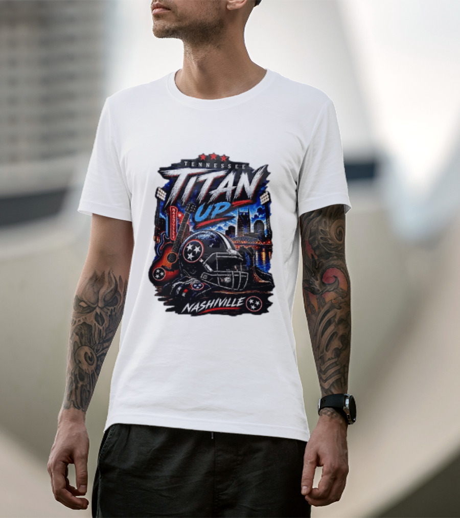 Tennessee Titan Up Football Helmet Guitar Nashville Skyline Titans T-Shirt