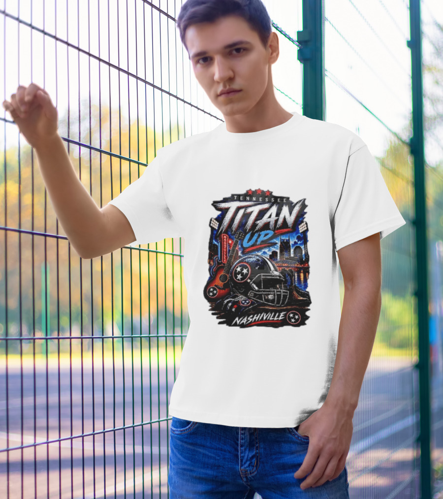 Tennessee Titan Up Football Helmet Guitar Nashville Skyline Titans T-Shirt