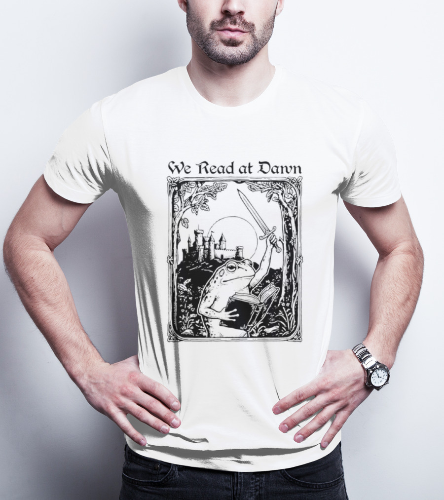 We Read At Dawn Frog Holding Sword And Book In Enchanted Forest T-Shirt