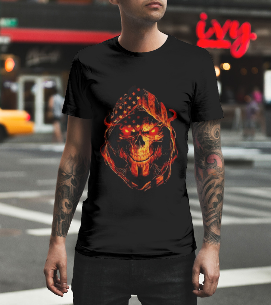 American Flag Skull Grim Reaper With Glowing Red Eyes T-Shirt