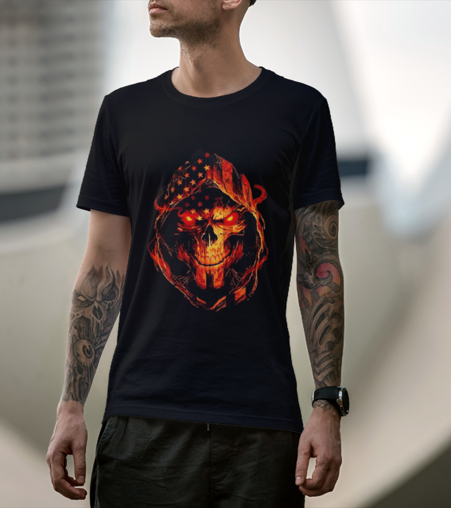 American Flag Skull Grim Reaper With Glowing Red Eyes T-Shirt