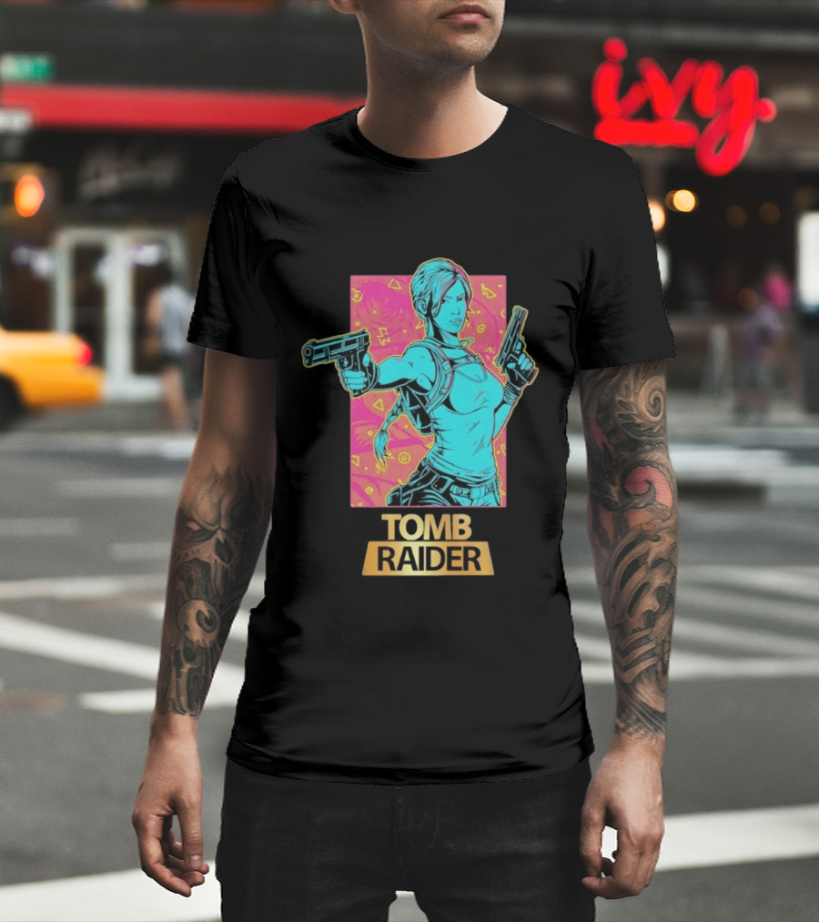 Tomb Raider Lara Croft Neon Halftone Dual Pistols T-Shirt