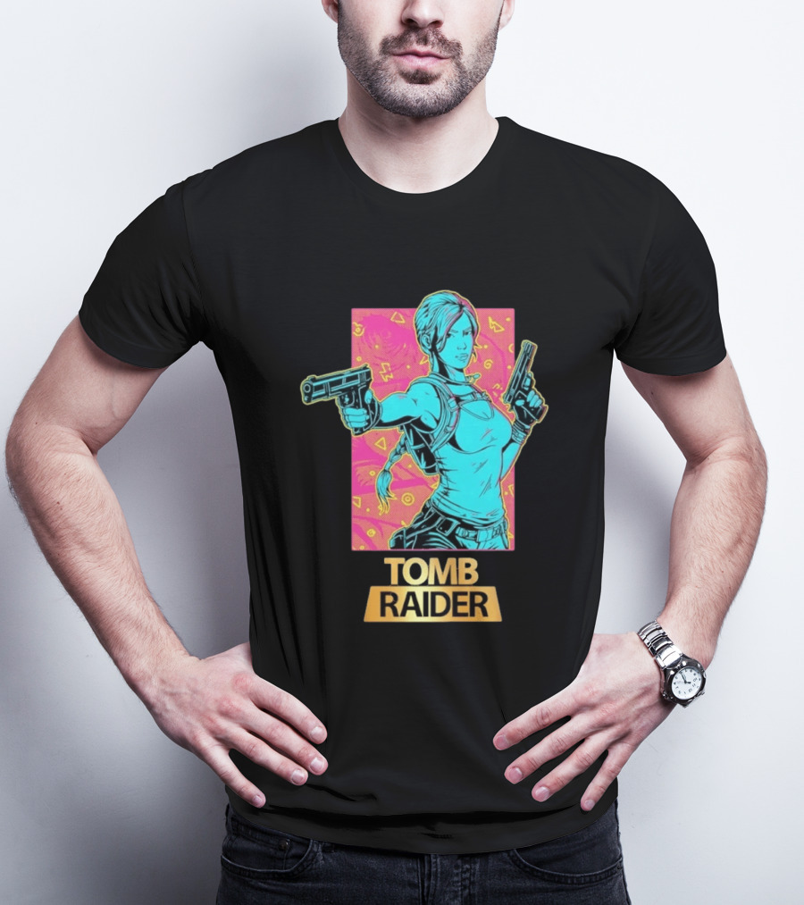 Tomb Raider Lara Croft Neon Halftone Dual Pistols T-Shirt