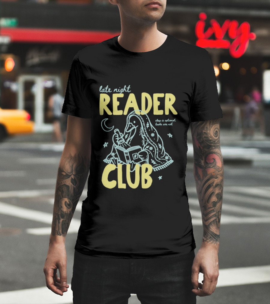 Late Night Reader Club Penguin Reading Moon Stars Sleep Is Optional Books Are Not T-Shirt
