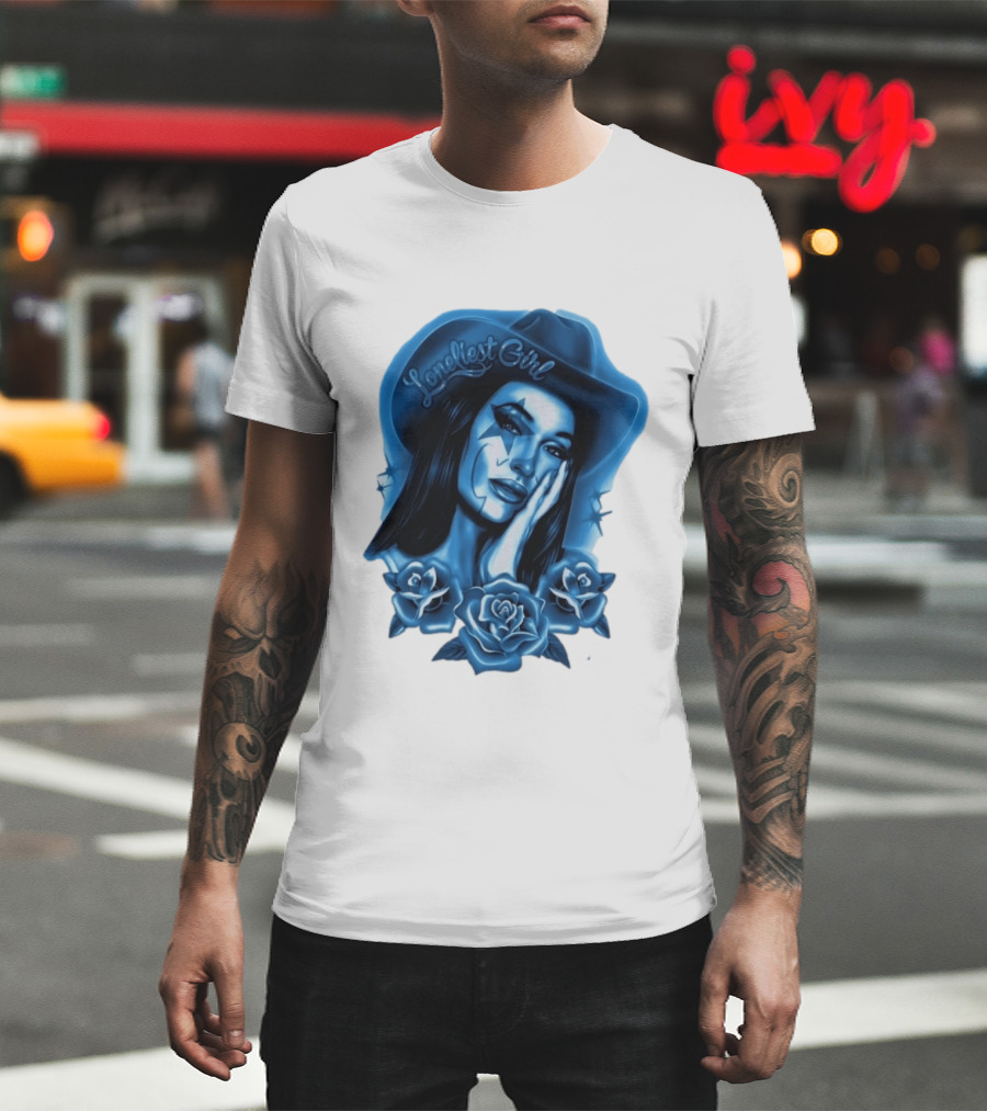 Loneliest Girl Airbrush Cowgirl In Blue With Roses T-Shirt