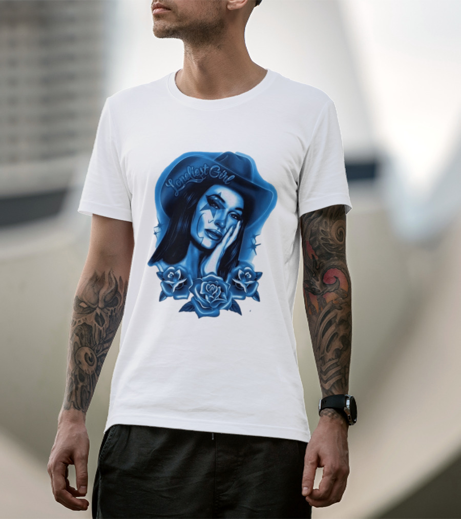 Loneliest Girl Airbrush Cowgirl In Blue With Roses T-Shirt