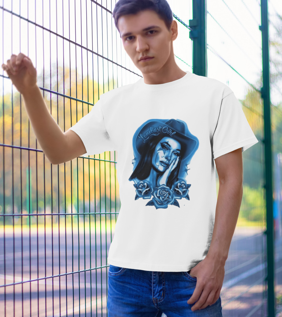 Loneliest Girl Airbrush Cowgirl In Blue With Roses T-Shirt