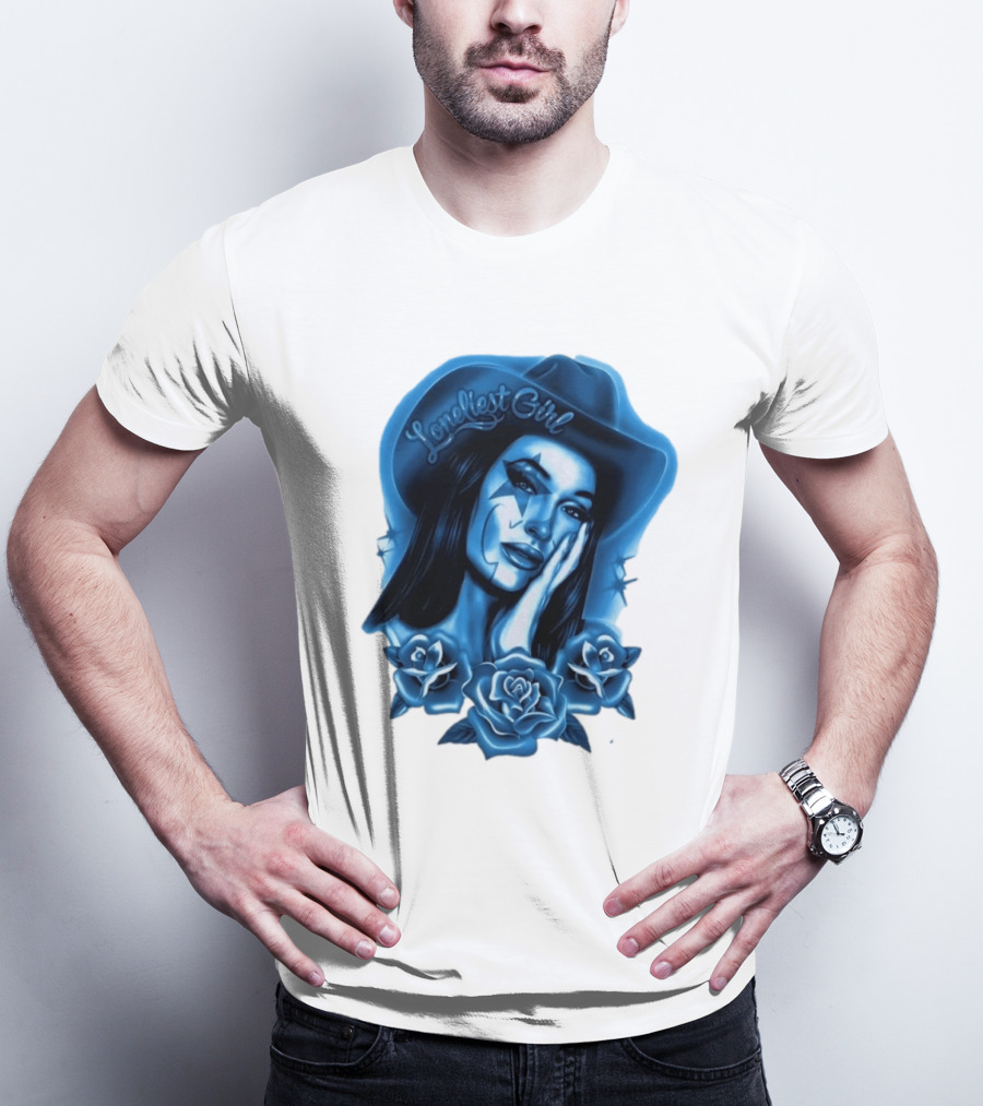 Loneliest Girl Airbrush Cowgirl In Blue With Roses T-Shirt