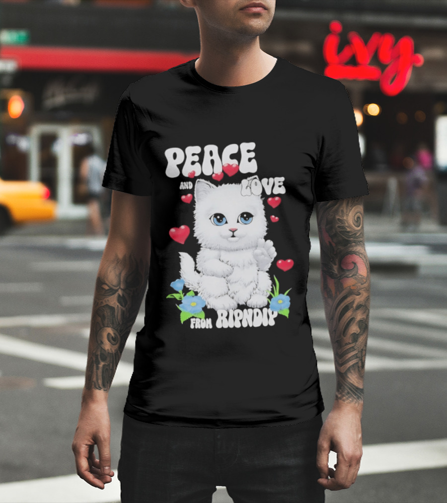 Peace And Love Ripndip Cat Kitten Hearts And Flowers T-Shirt