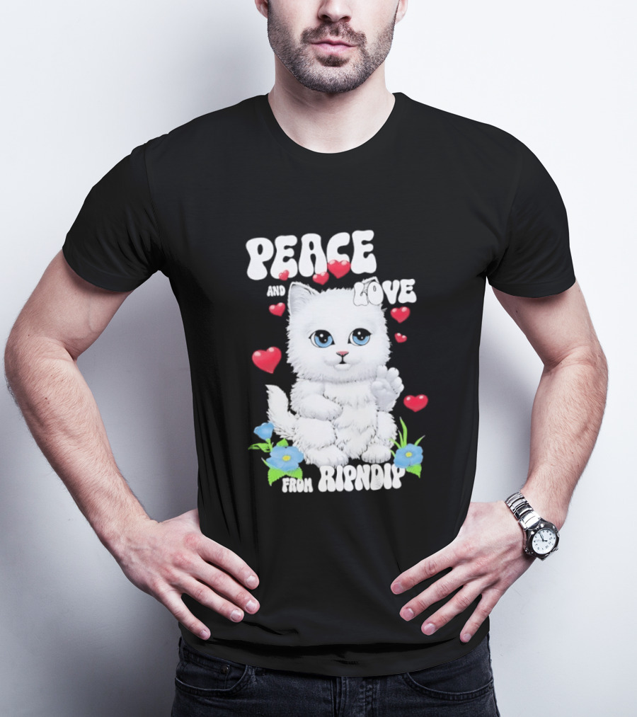 Peace And Love Ripndip Cat Kitten Hearts And Flowers T-Shirt