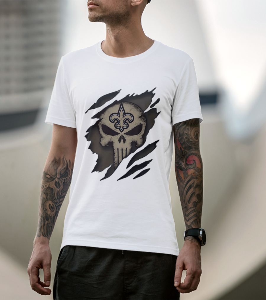 New Orleans Saints Punisher Skull Fleur De Lis Collaboration T-Shirt