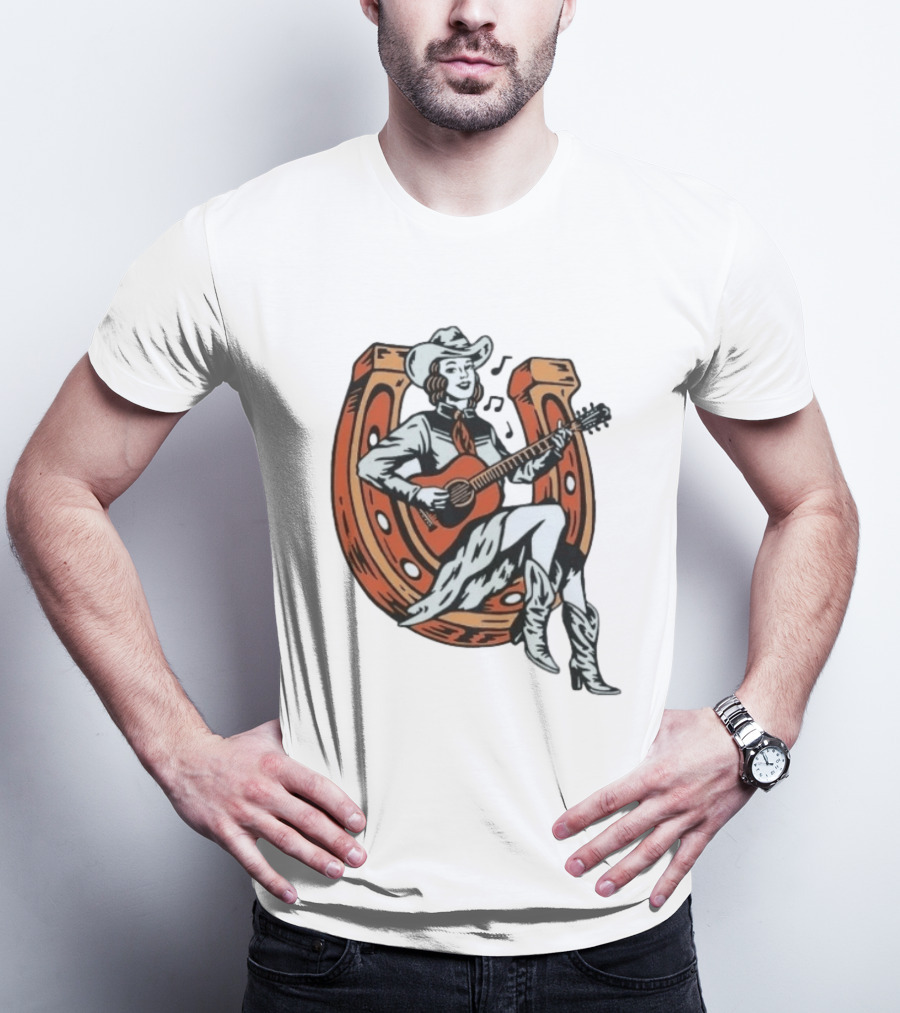 Cowgirl Playing Guitar On Horseshoe Classic Western Music Scene T-Shirt