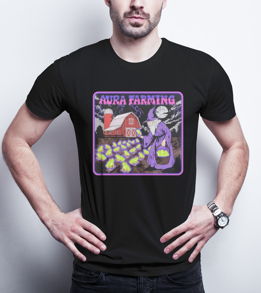 Aura Farming Moonlit Sorcerer Harvests Glowing Frogs Barn Wizard Magic T-Shirt