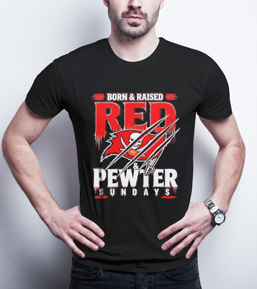 Born & Raised Red & Pewter Sundays Tampa Bay Buccaneers Fan Gear T-Shirt