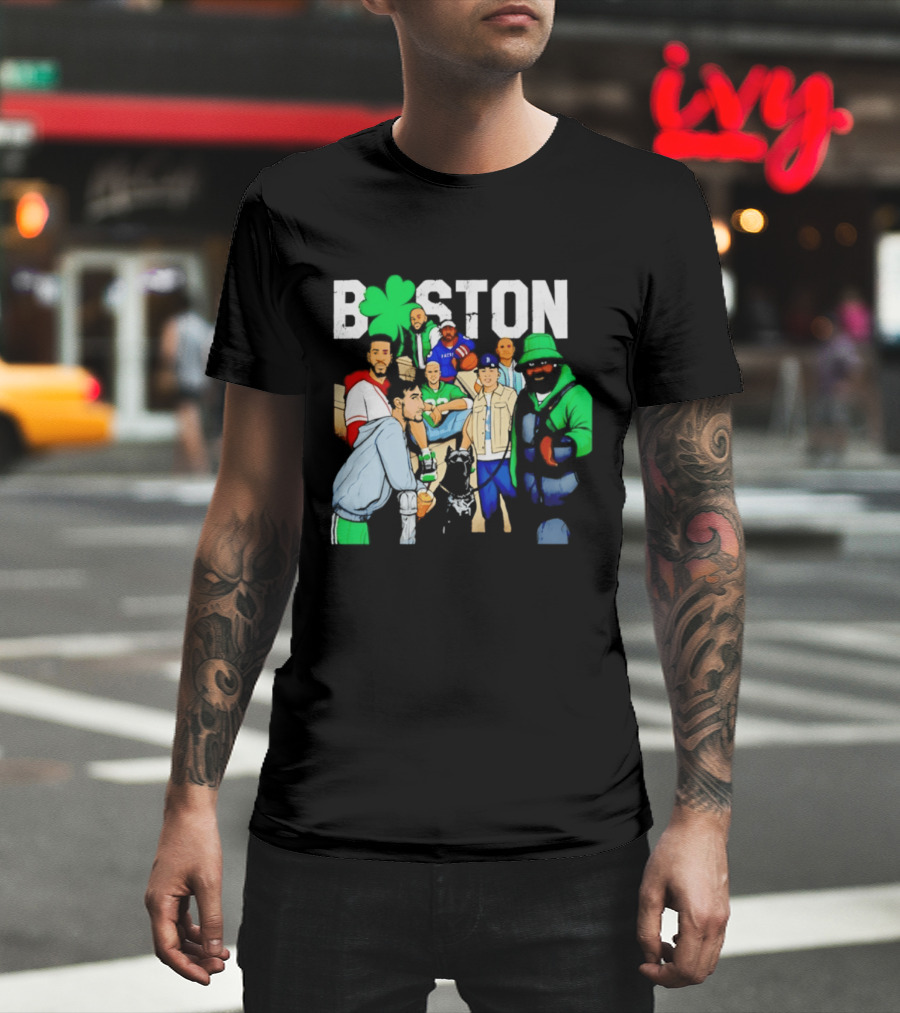 Boston Green Clover Sports Fan Characters Distressed Look T-Shirt